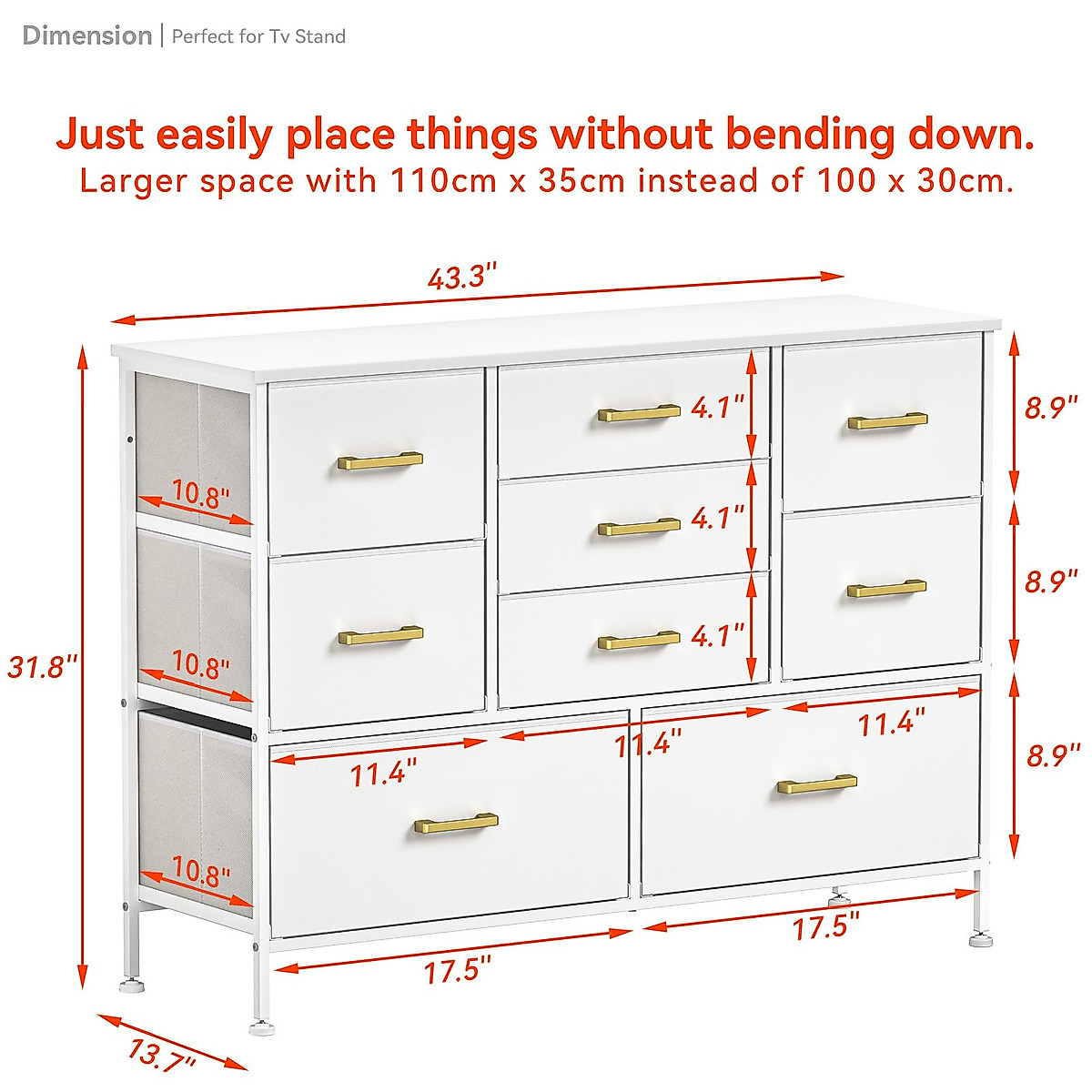 YILQQPER Wide Dresser for Bedroom TV Stand Entertainment Center with Large Chest of 9 Drawers for 50'' TV with Leather Front, Metal Handles for Closet, Entryway, Living Room, Glacier White