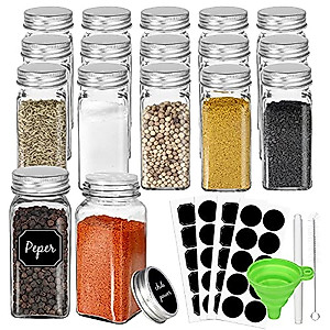 CycleMore 15 Pcs 4oz Glass Spice Jars Bottles, Square Spice Containers with Silver Metal Caps and Pour/Sift Shaker Lid-40pcs Black Labels,1pcs Silicone Collapsible Funnel and 1pcs Brush Included