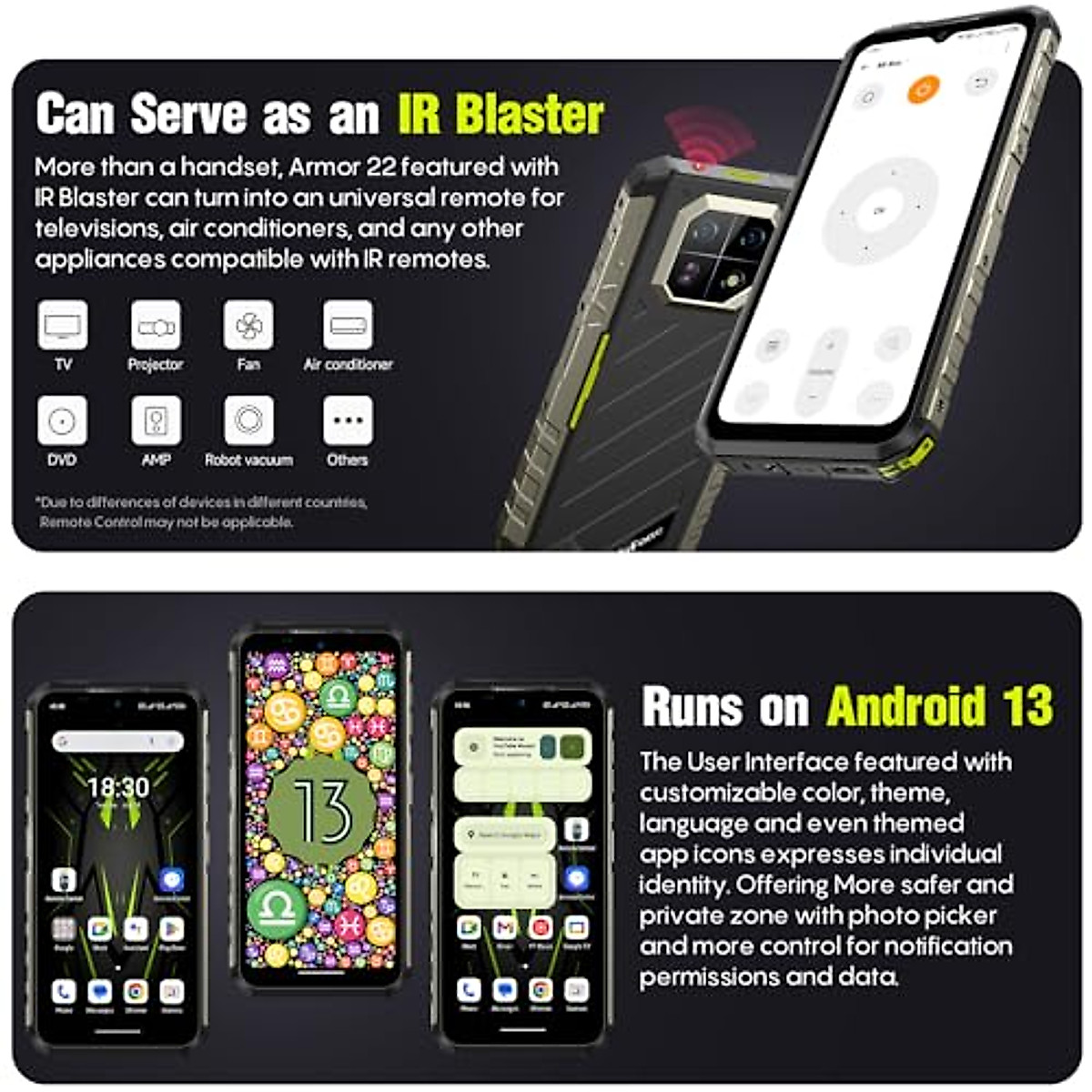 Ulefone Armor 22 (16+128GB) Rugged Smartphone, 64MP Night Vision Camera + 64MP Wide-Angle Camera, Android 13 Unlocked Cell Phone, 6.58 FHD+, 120Hz, 6600mAh, IR Blaster, NFC 4G Dual Sim- All Black