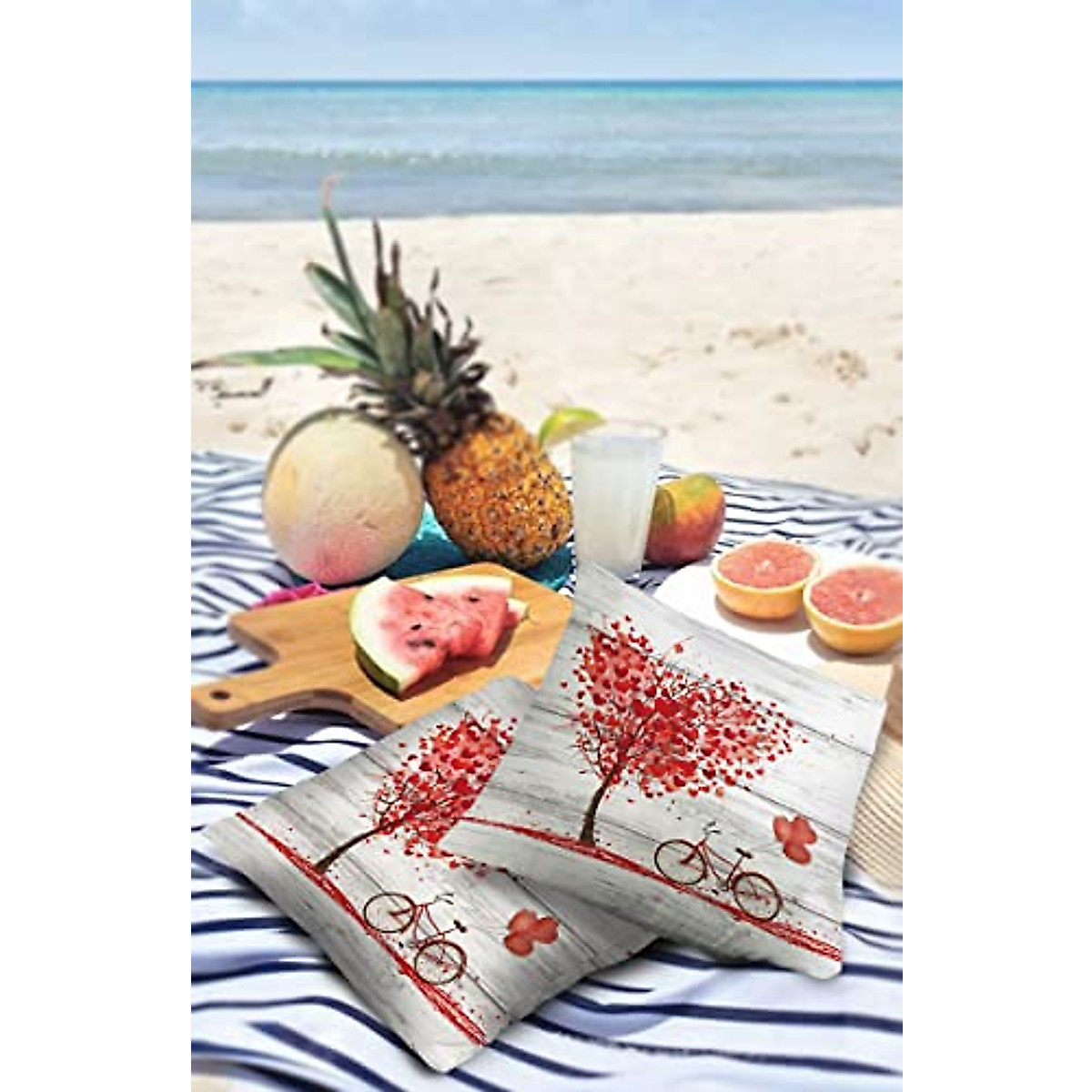 Outdoor Pillows 16x16 Waterproof Outdoor Pillow Covers,Valentine's Day Hearts Balloon Polyester Throw Pillow Covers Garden Cushion for Patio Couch Decoration Set of 2,Rustic Wood Bicycle Tree