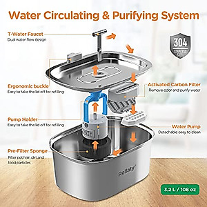 Cat Water Fountain Stainless Steel: 3.2L/108oz Pet Fountain Water Bowl Dog Drinking Dispenser Cat Feeding & Watering Supplies Animal Metal Kitty Spout for Cats Inside with 4 Replacement Filters