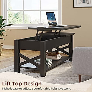Rolanstar Coffee Table 47.2", 2 Way Lift Top Farmhouse Center Table with Hidden Compartment, Open Shelf & X Wooden Support for Living Room, Black