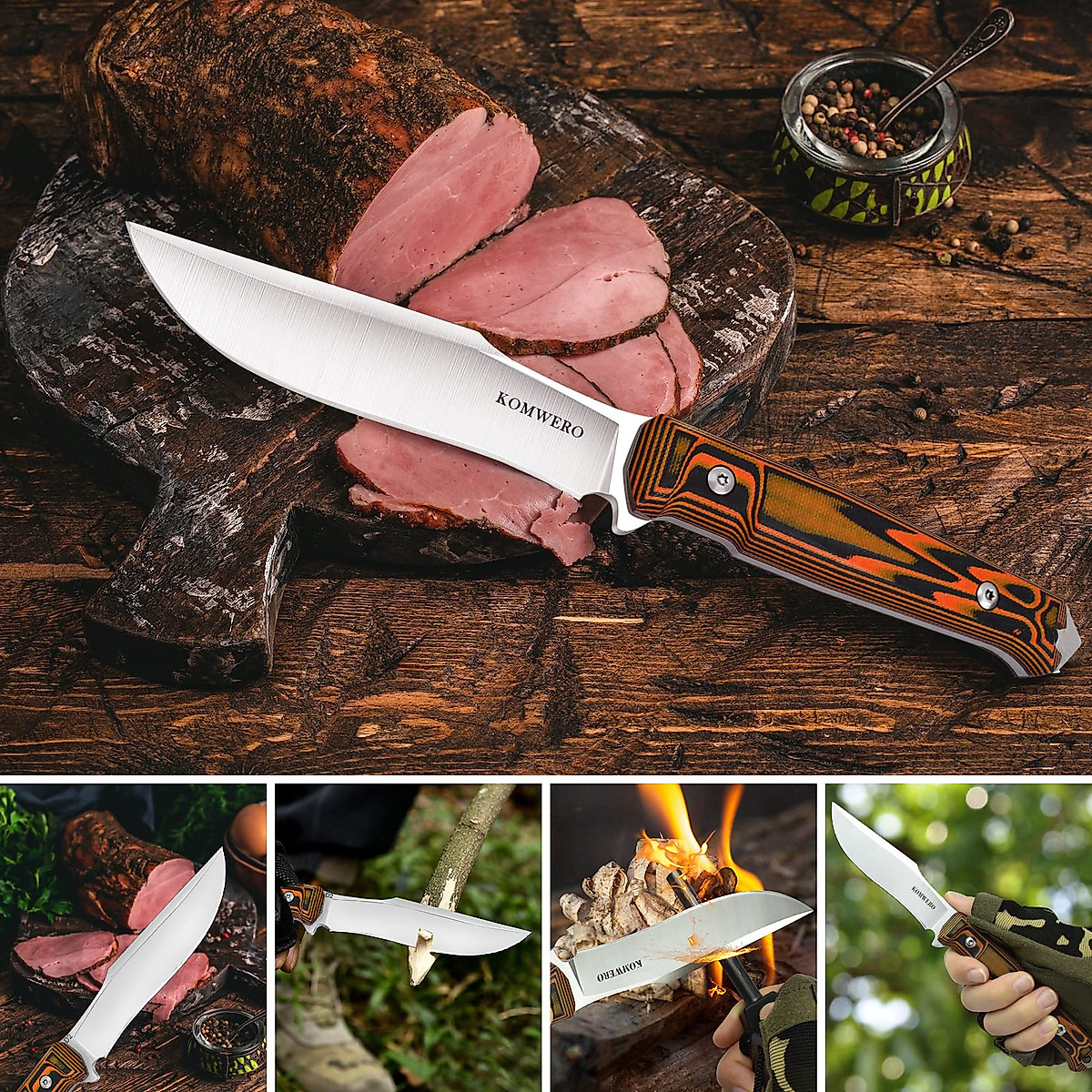 KOMWERO Fixed Blade Knife, Full Tang Hunting Knives with Sharp 4.33" D2 Steel Blade, Glass Breaker, G10 Handle, Leather Sheath for Survival Camping Outdoor