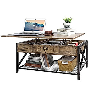 Coffee Table, Lift Top Coffee Table with Storage Shelf and 2 Hidden Compartment + 1 Drawer, Retro Central Table with Wooden Lift Tabletop for Living Room Home Office,Rectangle(Brown)