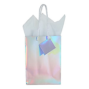 20 Pack Holographic Small Silver Gift Bags with Handles, White Tissue Paper and Tags, Iridescent (8 x 5.5 x 2.5 In)