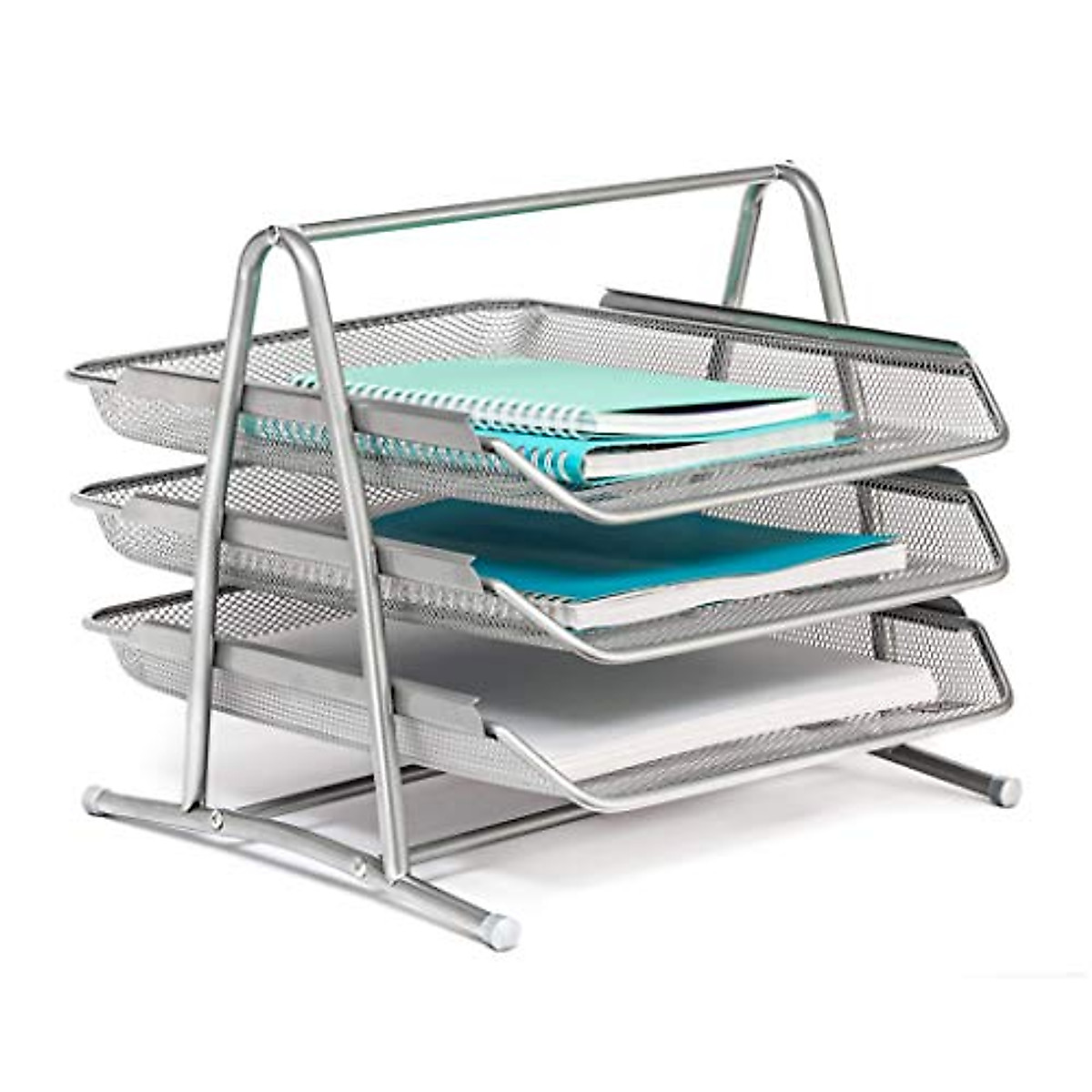 Mindspace Desk Organizer Paper Tray with 3 Tier Desktop File Organizer | Office Organizer & Stacking File Holder, Document Organization for Desk | The Mesh Collection, Silver