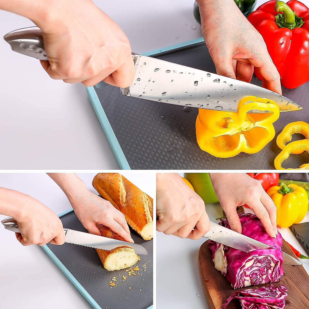 WELLSTAR Sharp Kitchen Knives 5 Piece Set, Chef Carving Bread Utility Paring Knife + Come Apart Heavy Duty Chicken Meat Scissors Shears with German Stainless Steel Blade + Onion Slicing Holder