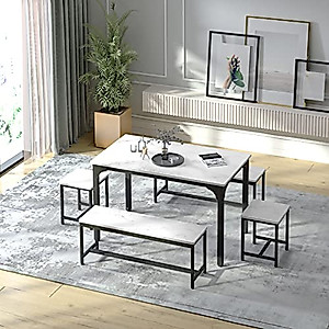 WiberWi Dining Table Set for 6, 47.3” Kitchen Dining Table, 5 Piece Kitchen Table and Chairs for 6, Heavy Duty Dining Room Table with Metal Frame & Faux Marble Tabletop for Kitchen Small Spaces