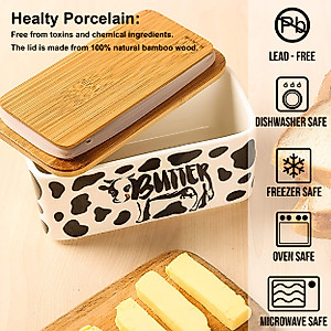 Lumicook Ceramic Butter Dish with Wooden Lid, Large Butter Container Keeper Storage with Stainless Steel Butter Knife Spreader, Bamboo Cover and Silicone Sealing Ring for Coast Butter (Black)