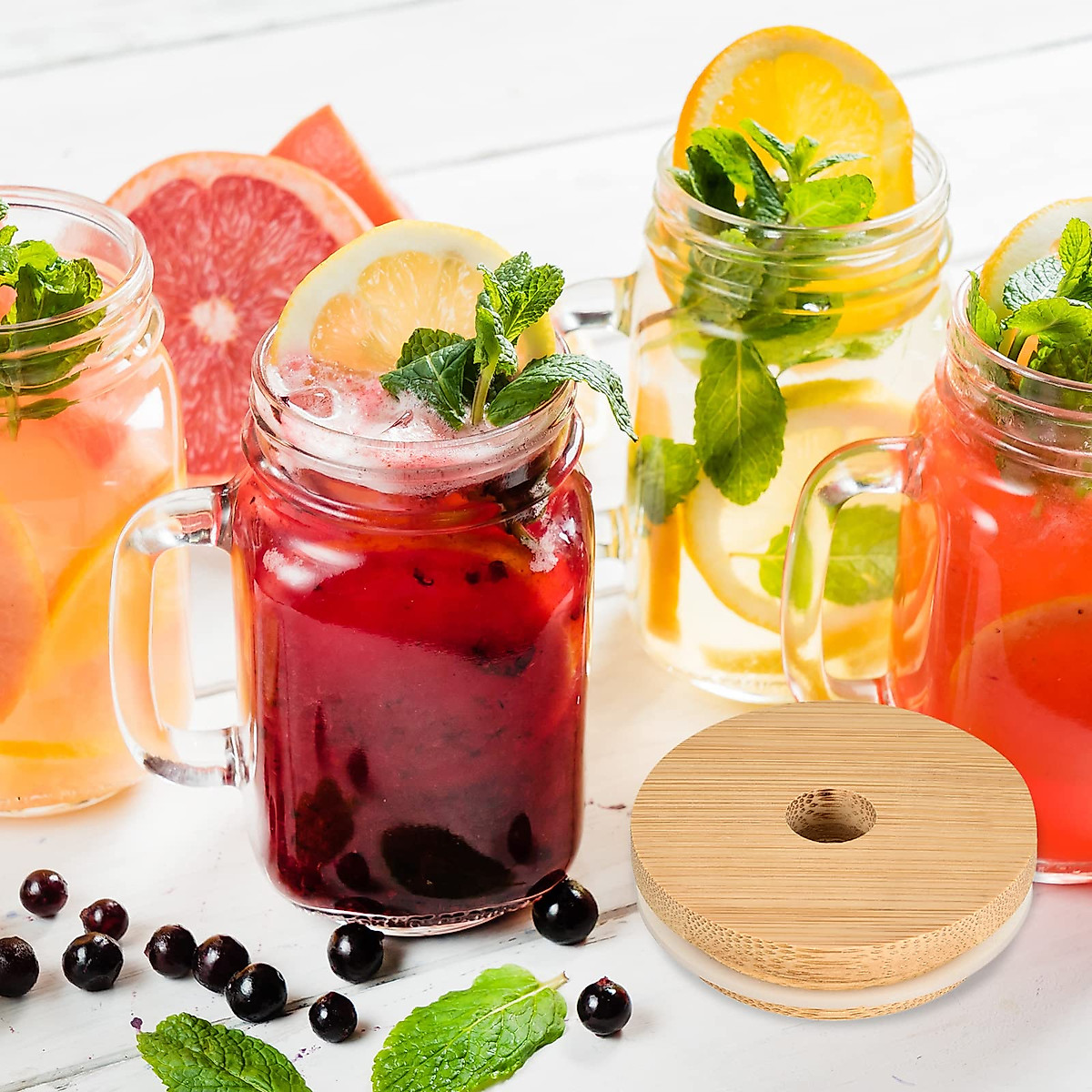 uxcell Mason Jar Lids with Straw Hole, 6pcs - Bamboo Lids with Silicone Ring for Glass Cups 70mm Regular Mouth Leak Proof Fits Storage Jars(Wood Color)