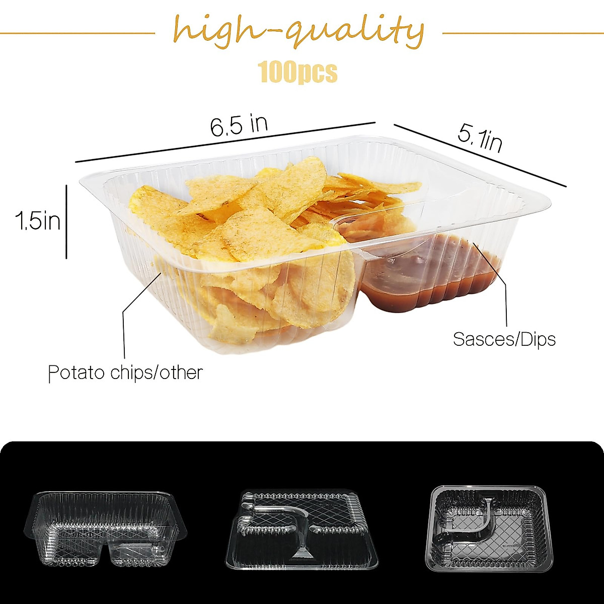 AHKUNMT 100 PC Nacho Trays Disposable, 12oz Plastic Nacho Containers with Chip and Dip Holder, 6x5 In 2 Compartments Clear Snack Trays for Kids,Parties, Movie Night Supplies (Plastic-100pc)