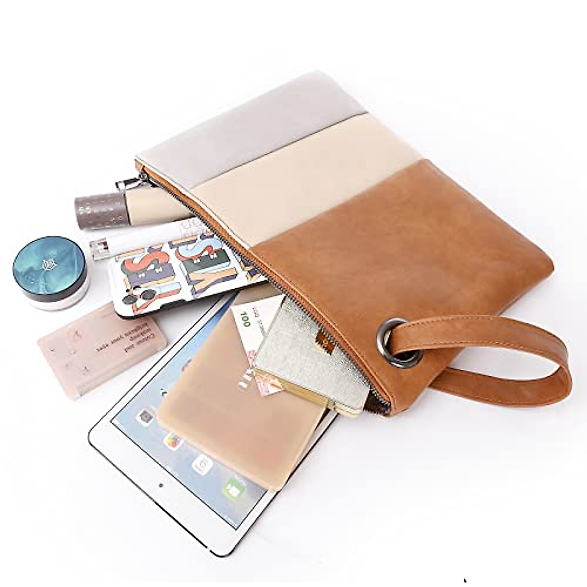 KlaOYer Large Colorblock Soft Pu Leather Wristlet Clutch Bag For Women Designer Large Wallet Evening Purse with Round handle (Brown-White-Green)