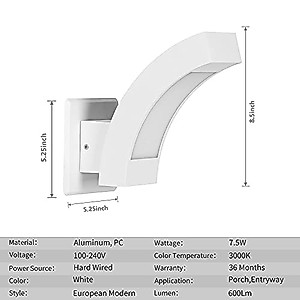 Inowel Wall Light Outdoor LED Wall Mount Lamp White Modern Wall Sconce Exterior Lighting Lantern Fixture for Porch Front Door Garden Yard Patio IP54 Waterproof 7.5W 600Lm 3000K