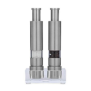 Grind Gourmet Salt and Pepper Grinder Set, Original Pump & Grind Peppermill are Refillable, Modern Thumb Press Grinder, Comes with Black Pepper, Sea Salt and Stand, Works With Himalayan Salts
