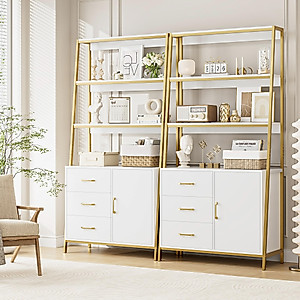 HITHOS 69" Tall Bookshelf, White Gold 4-Tier Bookcase with Wooden Drawers and Ladder Shelves, Free Standing Storage Cabinet Kitchen Bakers Rack with Microwave Oven Stand for Home Office