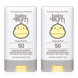 Baby Bum Mineral Sunscreen Face Stick - SPF 50 - UVA,UVB Face and Body Protection - Fragrance Free Safe for Sensitive Skin- Travel Size 0.45 Ounce (Pack of 2)