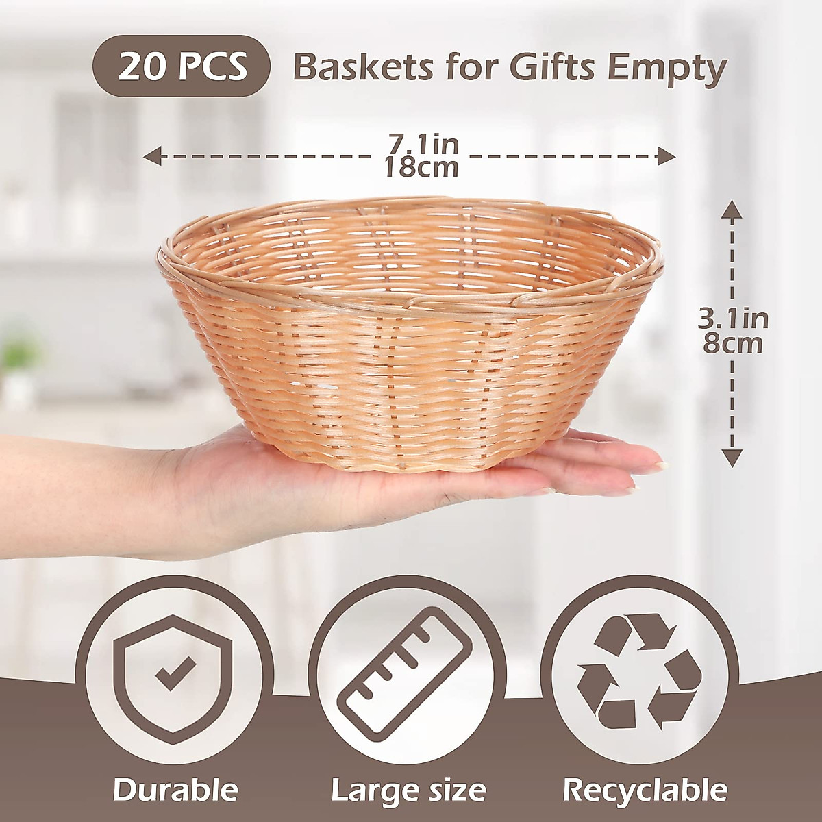 20 Pieces Woven Bread Baskets Plastic Round Basket 7 Inch Small Baskets for Gifts Empty Food Baskets for Serving Brown Food Storage Basket Woven Baskets for Fruits Vegetables Snacks Kitchen Restaurant