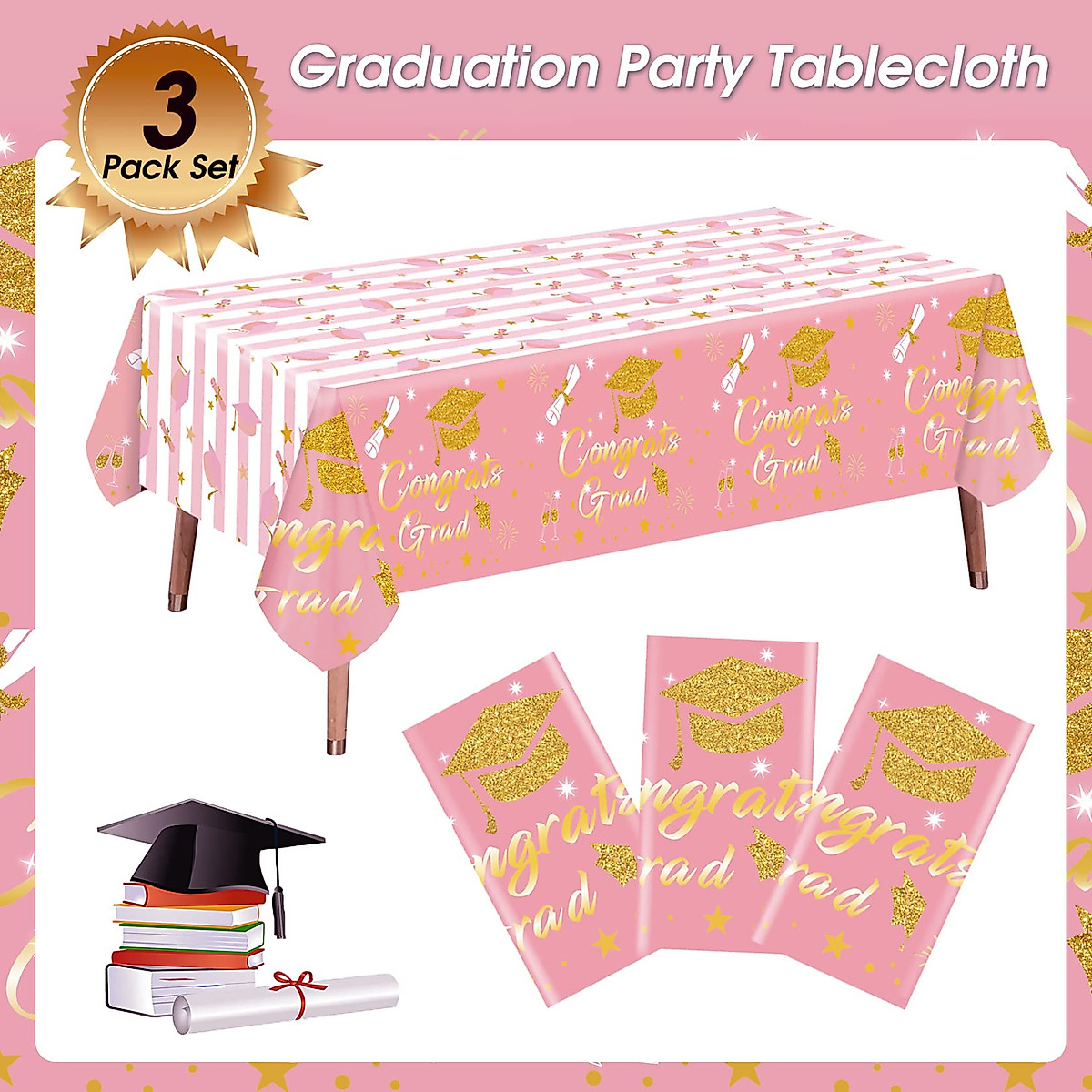 CESOF Graduation Tablecloth Party Decorations 2024, 3 Pack Black and Gold 54"x108" Congrats Grad Disposable Table Covers Plastic Cloth Tablecover for College High School Class of 2024 Party Supplies