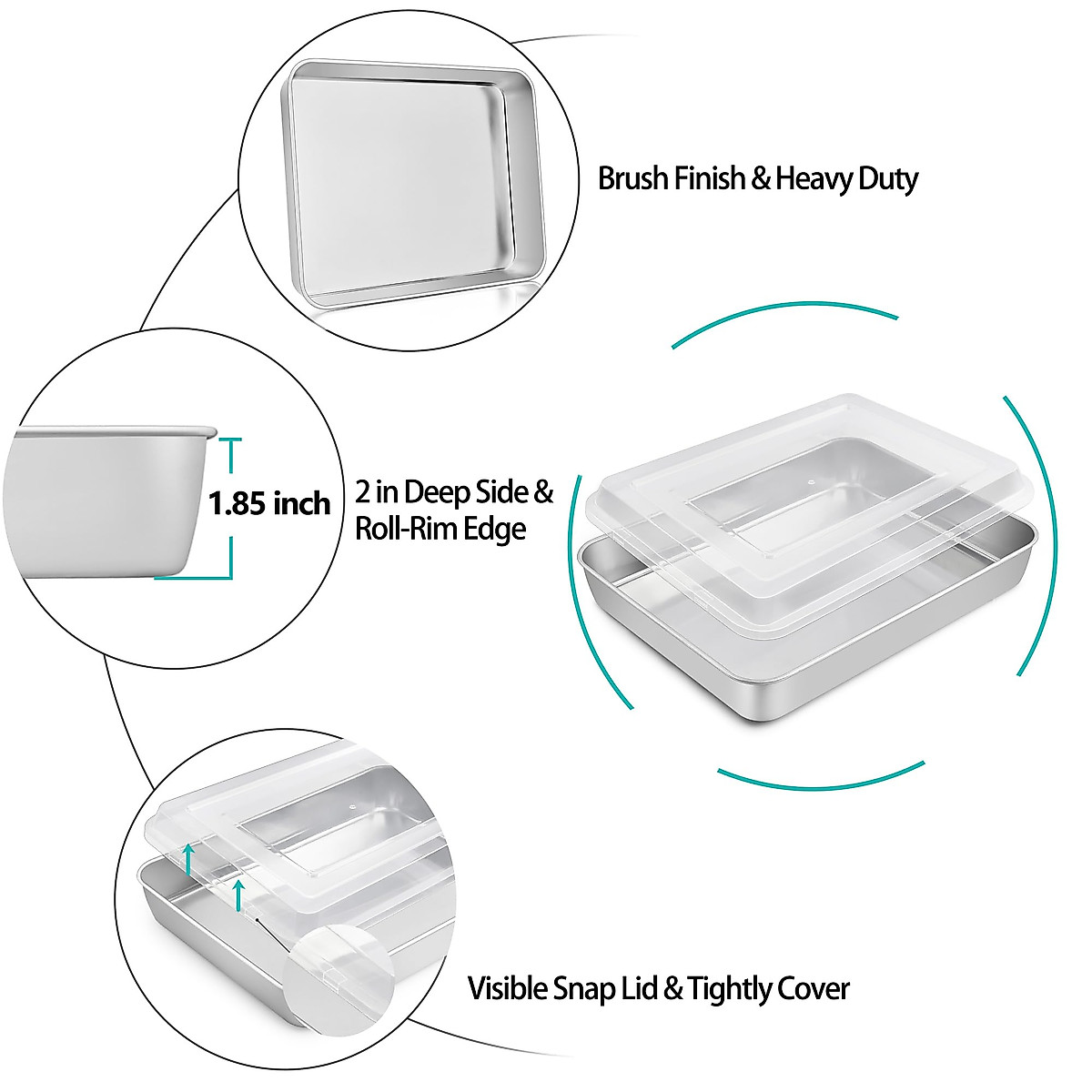 TeamFar Lasagna Pan with Lid, 12⅖’’ x 9¾’’ x 2’’, Stainless Steel Rectangular Baking Cake Pan, Heavy Duty & Non-Toxic, Deep & Visible, Brushed Finish & Dishwasher Safe- (1 Pan+1 Lid)