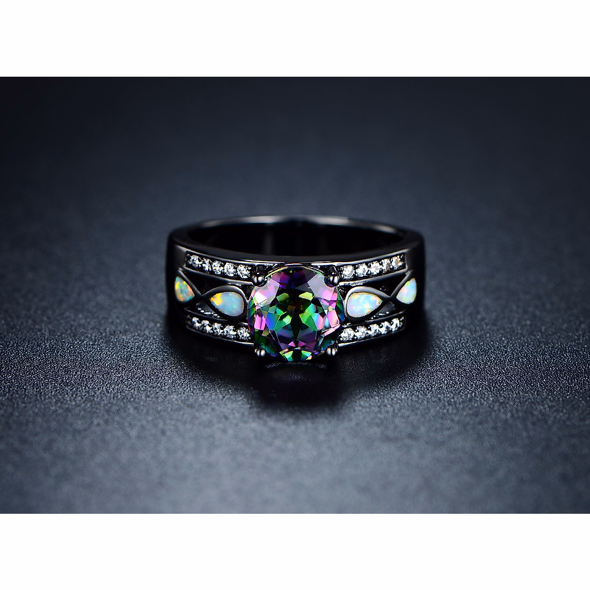 Barzel Black Rhodium Plated Created Black Opal Ring for Women, Sizes 5-10
