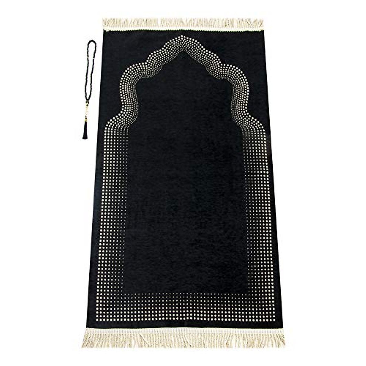Muslim Prayer Rug with Prayer Beads | Janamaz | Sajadah | Soft Islamic Prayer Rug with Mihrab Design | Islamic Gifts | Prayer Carpet Mat, Chenille Fabric, Black