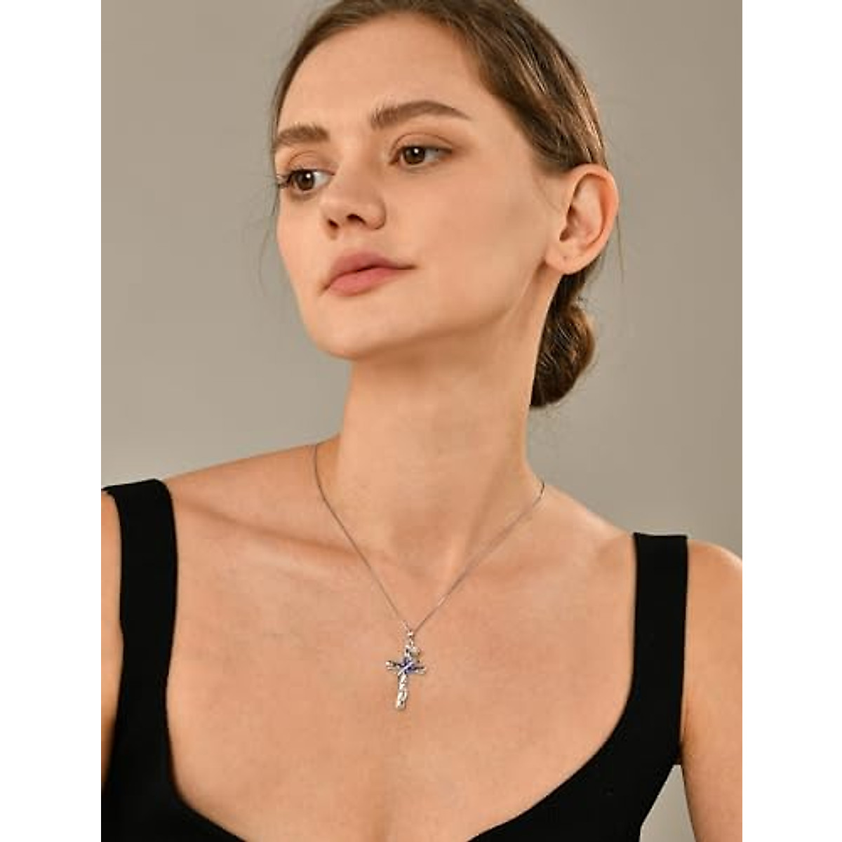 YL Butterfly Cross Necklace Sterling Silver Cubic Zirconia Rose Pendant Created Tanzanite Crucifix Jewelry for Women