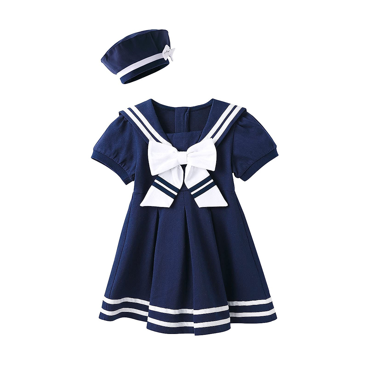 bonbonPomme Baby Girl Nautical Dress with Hat Short Sleeve 100% Cotton Playwear Dress Navy 18-24 Months