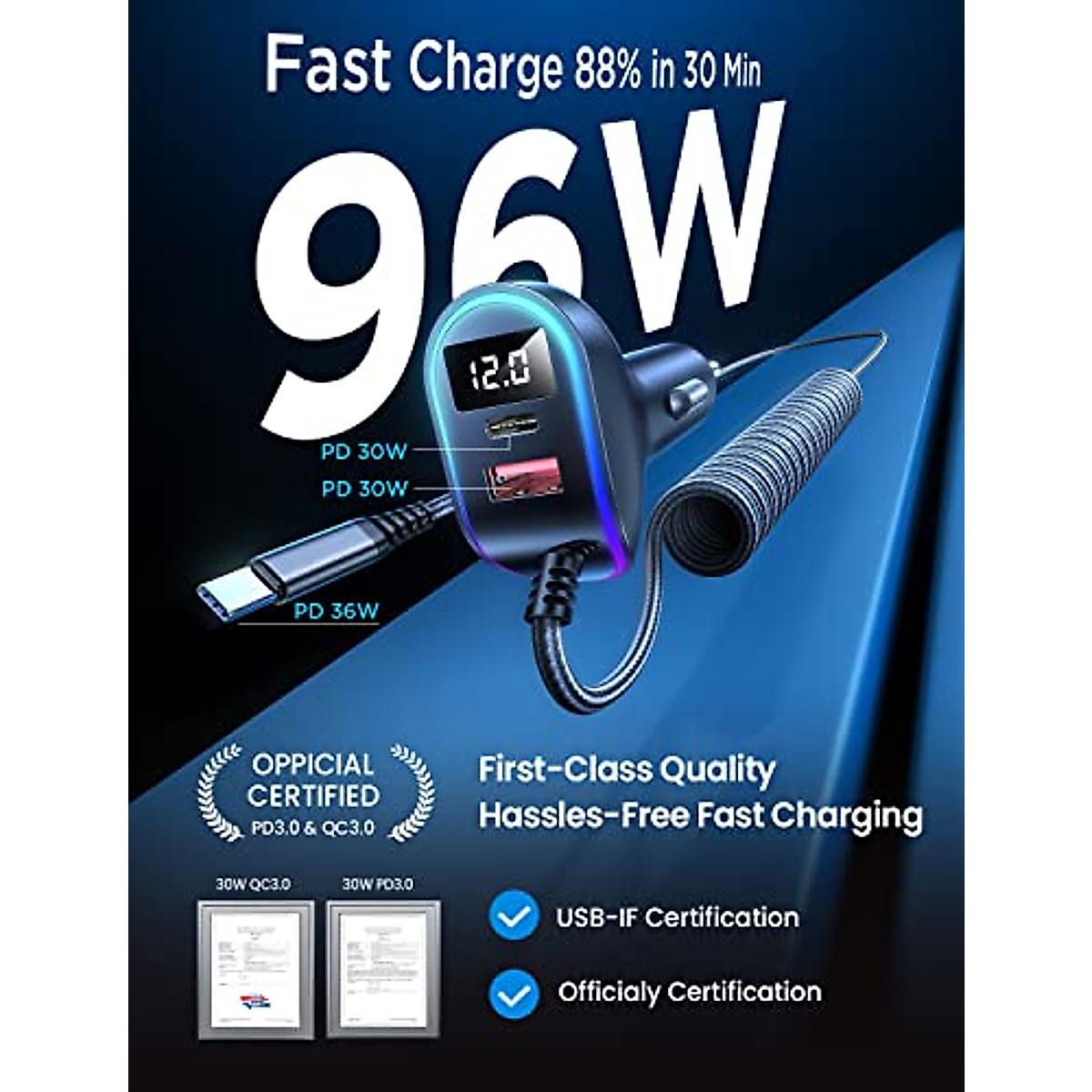 USB C Car Charger Adapter - LISEN 96W 3 Port USB Car Charger Fast Charging Dual PD&QC3.0 with 5.3ft Fast Charge Type C Car Charger Compatible with Samsung Galaxy S22 S21 Note 20 Pixel iPad Pro iPhone