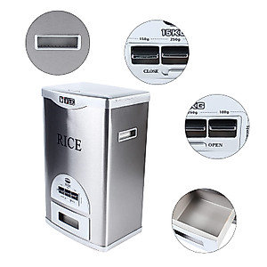 Auto Rice Dispenser, 15kg/33lb Capacity Rice Storage Container Stainless Steel+ABS Large Grain Dispenser 100g/150g/250g Automatic Rice Dispenser for Small Grains, Beans, Rice (Rice not included)