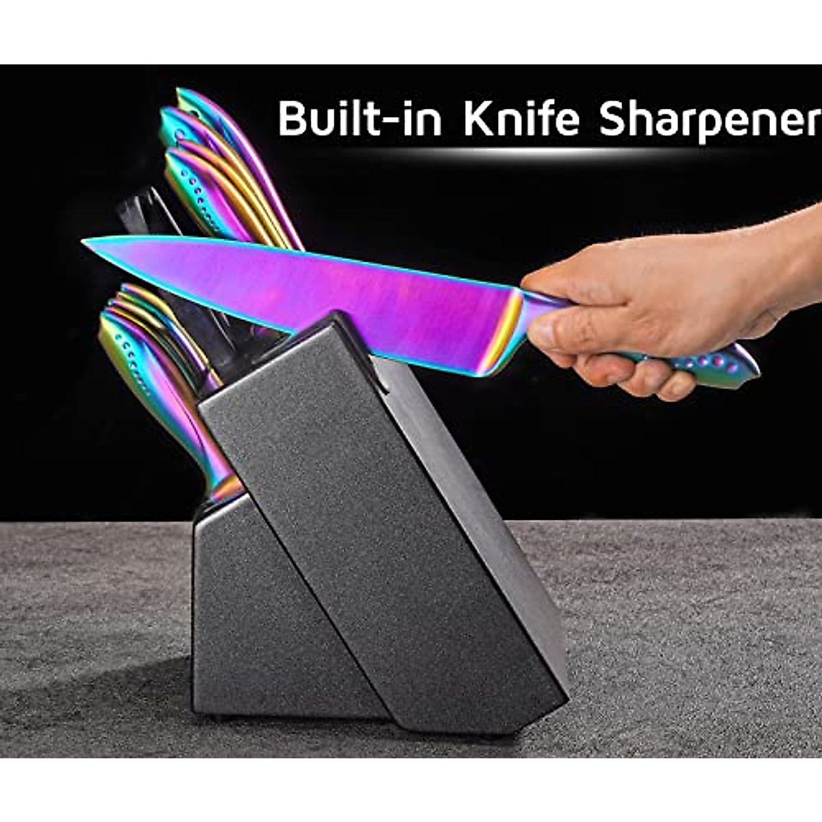 WELLSTAR Rainbow Knife Set 14 Pieces, Iridescent German Stainless Steel Kitchen Knives Set with Wooden Block, Colorful Titanium Coating, Chef’s Knife Block Set with Scissors and Built-in Sharpener