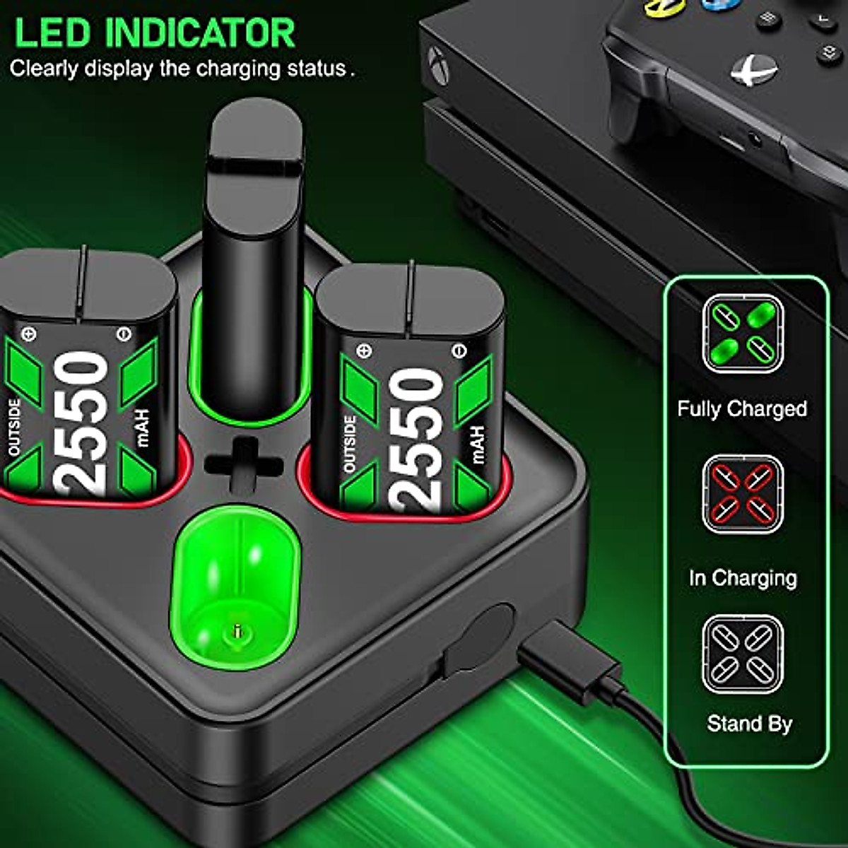 Rechargeable Xbox One Controller Battery Pack Charger with 4 x2550mAh Max Capacity for Xbox Series X Battery, Xbox One Charging Accessories Kit for Xbox One Series X/S/Xbox One/X/S/Elite Controllers