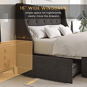 SHA CERLIN Upholstered Full Size Platform Bed Frame with 4 Storage Drawers and Wingback Headboard, Diamond Stitched Button Tufted Design, No Box Spring Needed, Dark Grey