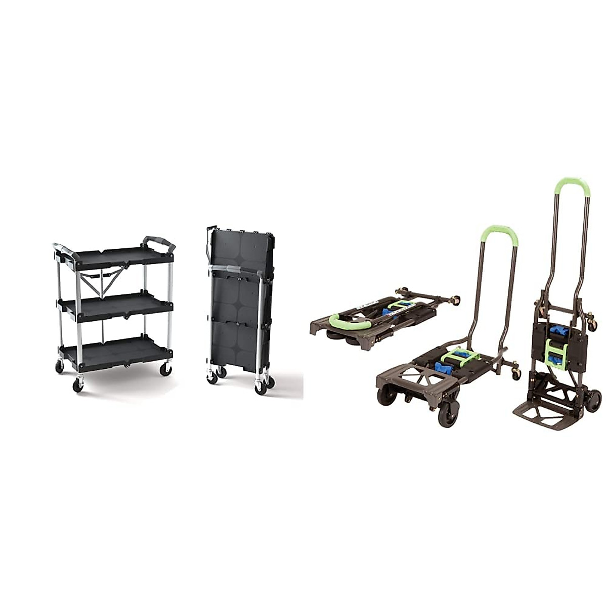 Olympia Tools 85-188 Pack-N-Roll Folding Collapsible Service Cart, Black, 50 Lb. Load Capacity per Shelf | COSCO Shifter Multi-Position Folding Hand Truck and Cart, Green