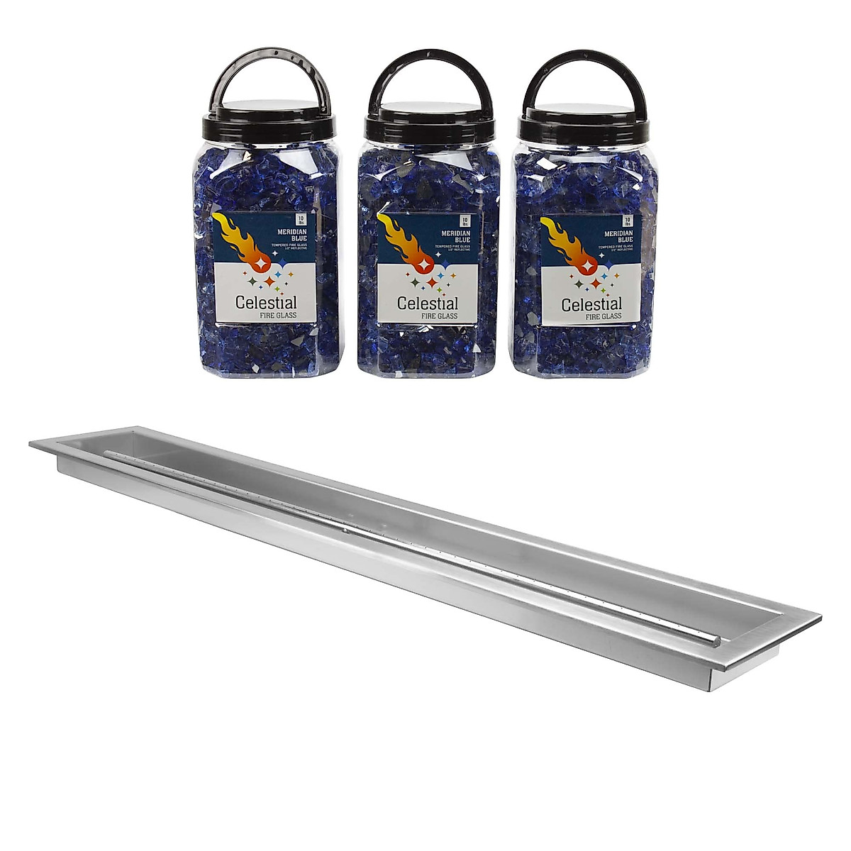 Celestial Fire Glass 48" x 6" Drop-in Burner Pan and 3 Jars of 1/2" Meridian Blue Tempered Fire Glass Bundle