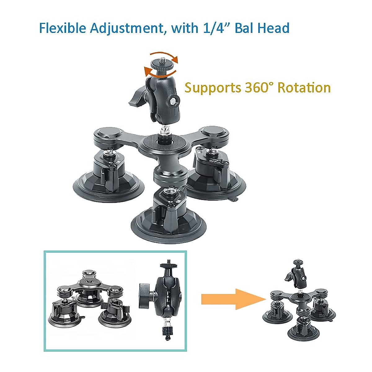 Fotoleey Heavy Duty Outside 4 Suction Cups 360 Camera Car Mount Kit for Insta360 X3/X2/One RS Compatible with GoPro Max, Hero 12/11/10/9/8 More Stable, Adjustable (Stick is not Included)