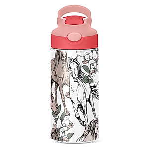 GOODOLD Flowers and Horses Kids Water Bottle, Insulated Stainless Steel Water Bottles with Straw Lid, 12 oz BPA-Free Leakproof Duck Mouth Thermos for Boys Girls