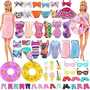 Lot 26 Pack Doll Clothes and Accessories Beach Bathing Set Including 5 Swimsuit 1 Bathrobe 2 Swimming Rings with 18 pcs Glasses Shoes Drinks for 11.5 inch Girl Dolls