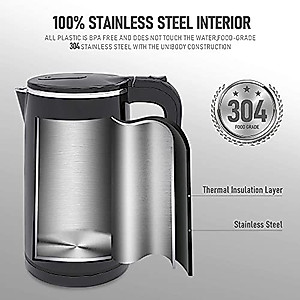 COOKTRON 1.7L Quiet Electric Kettle, Double Wall Hot Water Boiler BPA-Free Cool Touch Tea Kettle, Cordless with Auto Shut-Off & Boil Dry Protection, 1500W Fast Boiling, Black