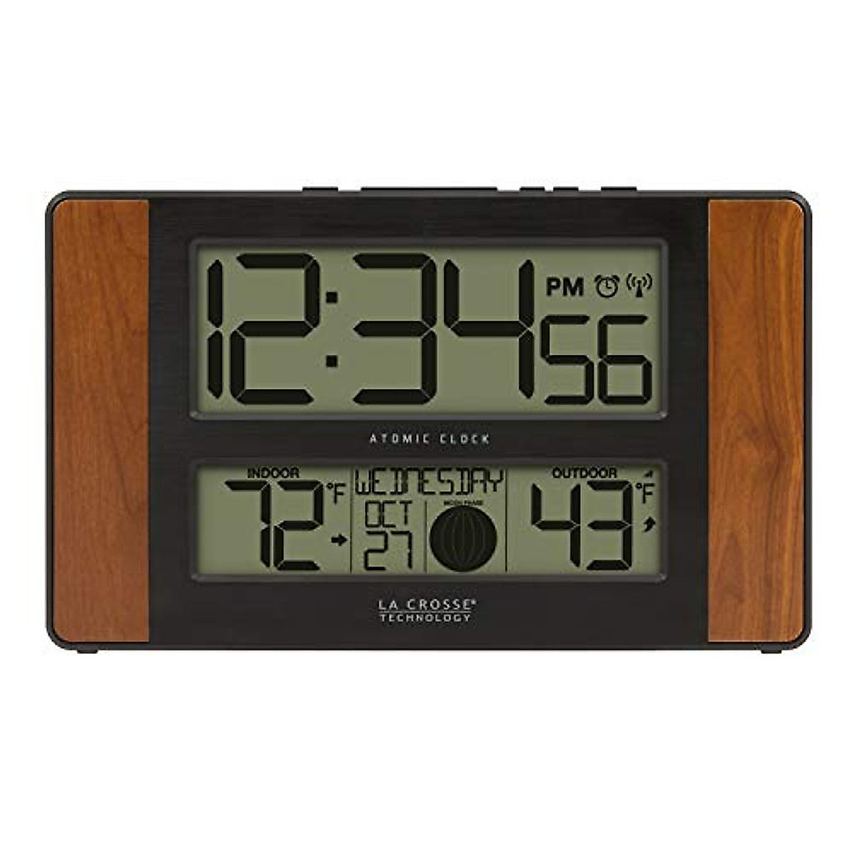 La Crosse Technology 513-1417CH-INT Atomic Digital Clock with Temperature and Moon Phase, 11.10"L x 1.14"W x 6.61"H, Cherry & TX141TH-BV4 Wireless Outdoor Thermo-Hygrometer Transmitting Sensor, White