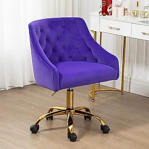 MOJAY Velvet Office Swivel Chair, Vanity Chair, Fabric Desk Chair, Pretty Fancy Chair, Gold Office Chair for Girls, 360°Swivel Height Adjustable Reception Chair (Purple)