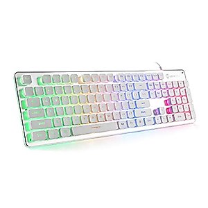 LANGTU Membrane Gaming Keyboard, Rainbow LED Backlit Quiet Keyboard for Office, USB Wired All-Metal Panel 25 Keys Anti-ghosting Computer Keyboard 104 Keys - L1 White/Silver…