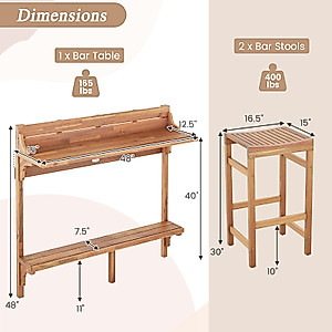 Tangkula 3 Pieces Acacia Wood Balcony Table Set, Outdoor Bar Height Table & 2 Bar Stools w/Shelf, Footrest, Curved Wood Seat, Back Rail for Assembly, for Balcony, Patio and Small Outside Space (1)