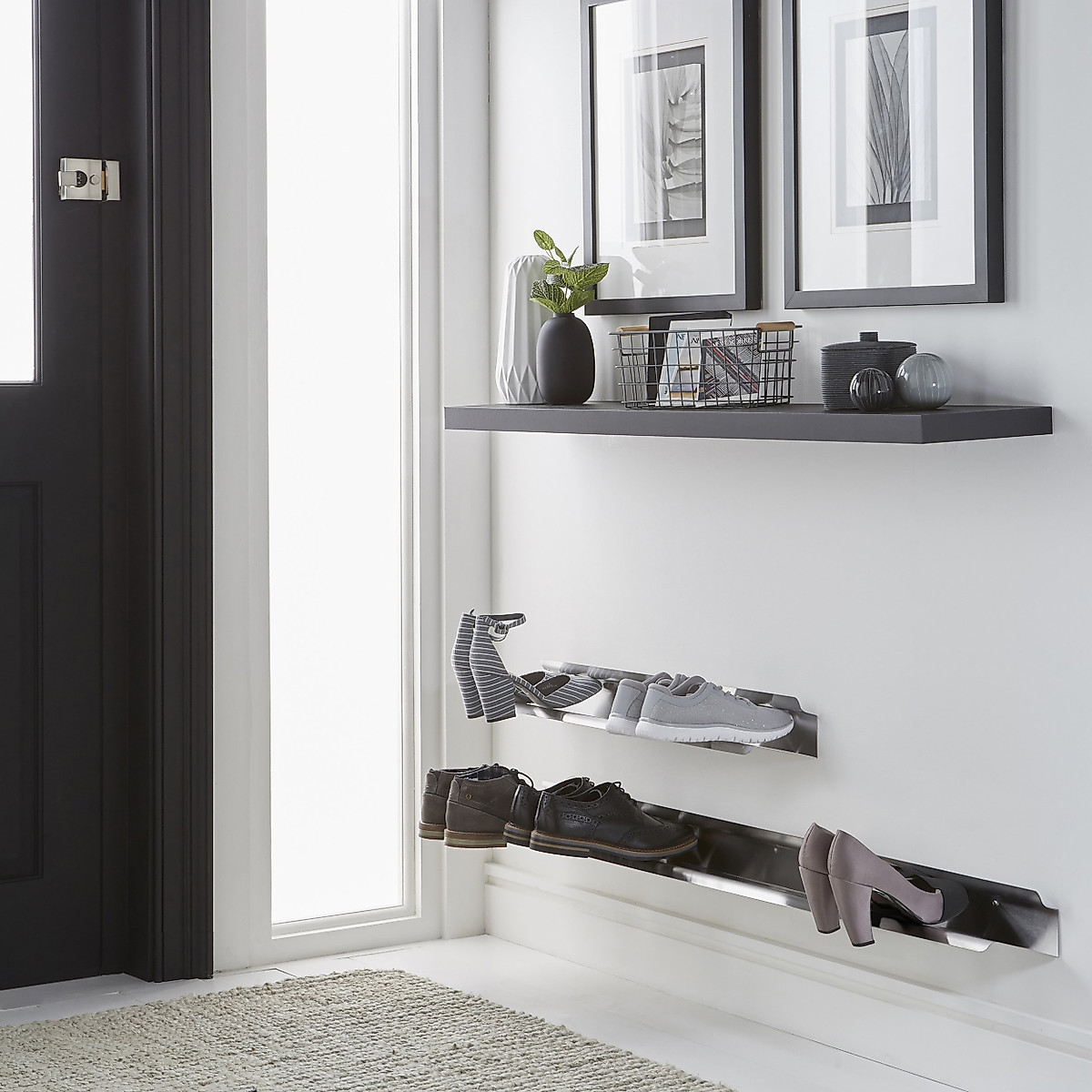 j-me Horizontal Shoe Rack – Wall Mounted Shoe Rack Organizer Keeps Shoes, Boots, Sneakers & Heels Off The Floor. A Modern Shoe Organizer For Your Entryway or Closet. (Stainless Steel - 28 inches)