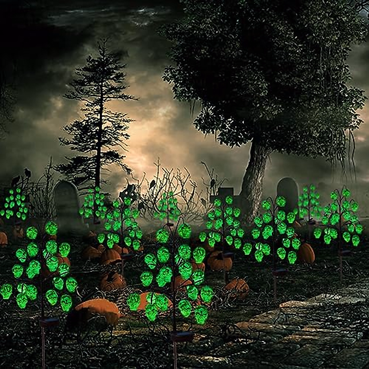 Upgraded 2 Pack Solar Halloween Decorations Lights, Halloween Outdoor Solar Stake Sign Lights with Scary Skull Shape Green LED Lights for Halloween Outdoor Pathway Cemetery Garden Yard Porch Decor