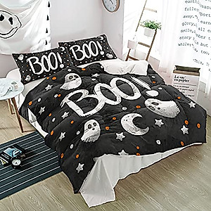 Halloween Twin Duvet Covers Ghost Boo Texts with Stars Moon Wave Point 3-Piece Bedding Sets Luxury Soft Microfiber Bed Comforter Protector with Pillow Cases for Women Men Girl Boy Black