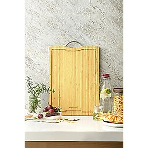McCook® MCW11 Bamboo Cutting Boards Set of 4, Chopping Board Set w Juice Groove& Metal Handle, Cheese Charcuterie Board Serving Tray for Meat, Cheese and Vegetables(L, 17”11.4”0.8”)