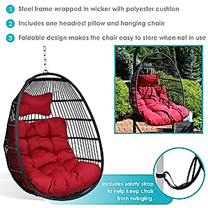 Sunnydaze Julia Hanging Egg Chair with Seat Cushions - Decorative Comfy Bohemian-Style Collapsible Chair - Black Polyethylene Wicker Rattan Frame with Red Polyester Cushions - 44 Inches Tall