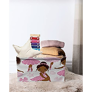 Storage Basket Pink Ballet Girl Storage Bin with Handles, Cute Princess Africa American Dancer Collapsible Organizer Storage Cubes Bins for Closet, Laundry Clothes, Bathroom, Nursery Toys