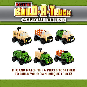 POPULAR PLAYTHINGS Magnetic Build A Truck Special Forces Toy Play Set, 5 Piece Mix and Match Vehicles, Racecar Party Favors and Cars Goodie Bag Fillers