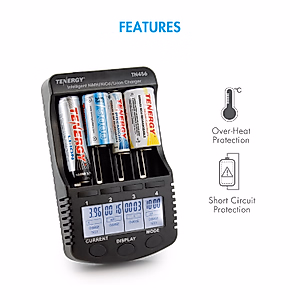 Tenergy TN456 Intelligent Universal Battery Charger with 4 Slots, LCD Display, USB Output, Power Adapter, Rechargeable Battery Charger for Li-ion/NiMH/NiCD Rechargeable Batteries